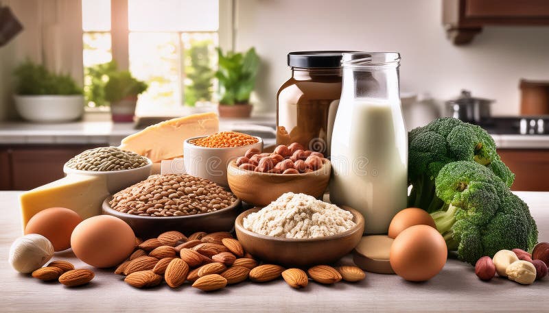 Selection of Protein Sources in Kitchen Background, Closeup Stock ...