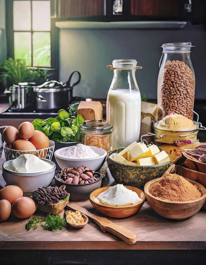 Selection of Protein Sources in Kitchen Background, Closeup Stock ...