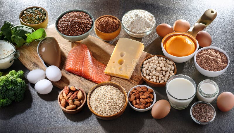 Selection of Protein Sources in Kitchen Background, Closeup Stock ...
