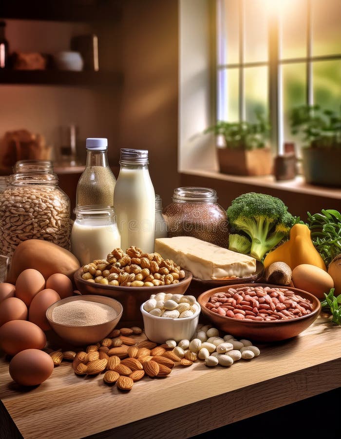 Selection of Protein Sources in Kitchen Background, Closeup Stock ...