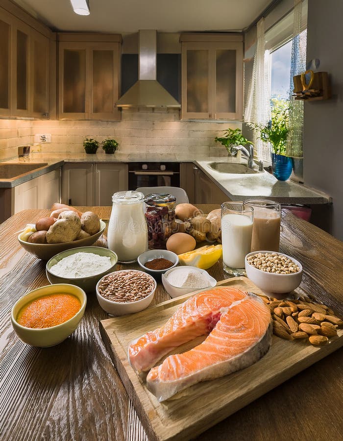 Selection of Protein Sources in Kitchen Background, Closeup Stock ...