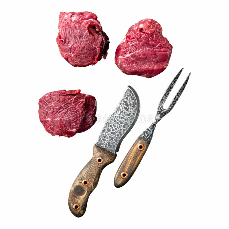 A Selection of Raw Meat Cuts is Presented beside a Rustic Knife and ...