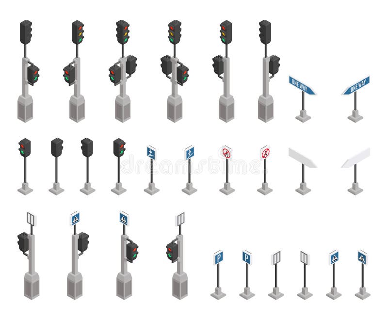 Selection of Road Signs Traffic Lights Isometric Stock Illustration ...