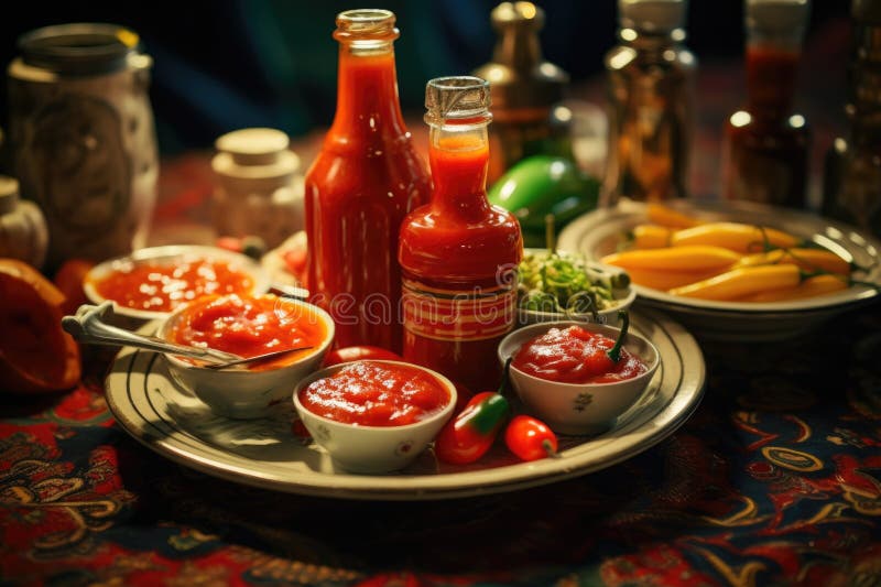 A Selection of Sauces and Condiments on a Table Stock Image - Image of ...