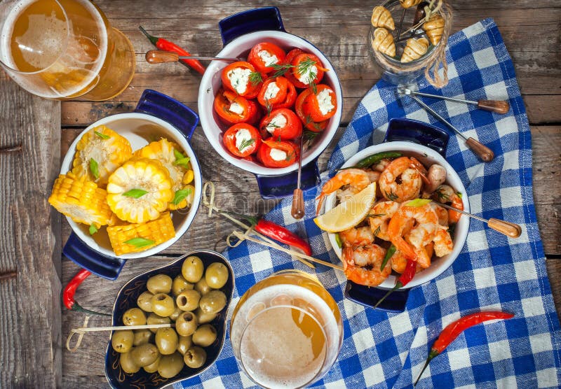 Selection of Spanish Tapas and Beer Stock Image - Image of olives ...