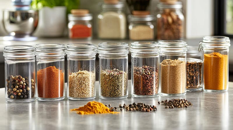 A Selection of Spices in Glass Jars on a Kitchen Countertop Pic Stock ...