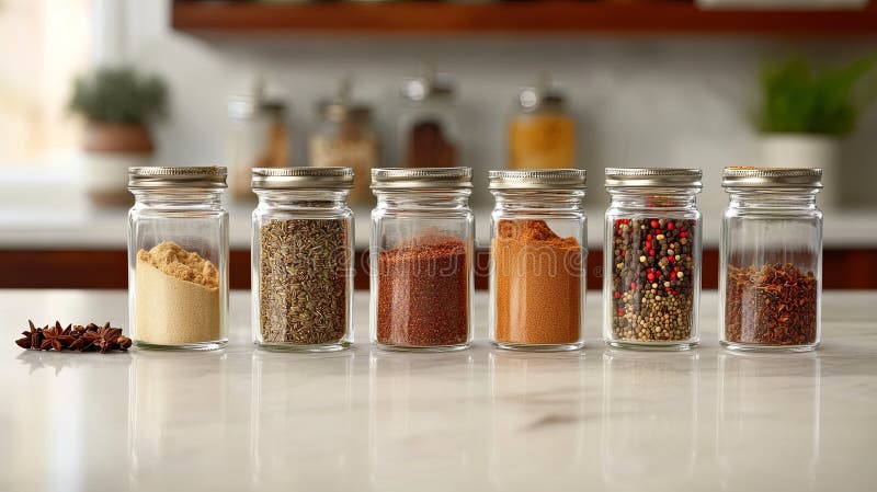 A Selection of Spices in Glass Jars on a Kitchen Countertop Pic Stock ...