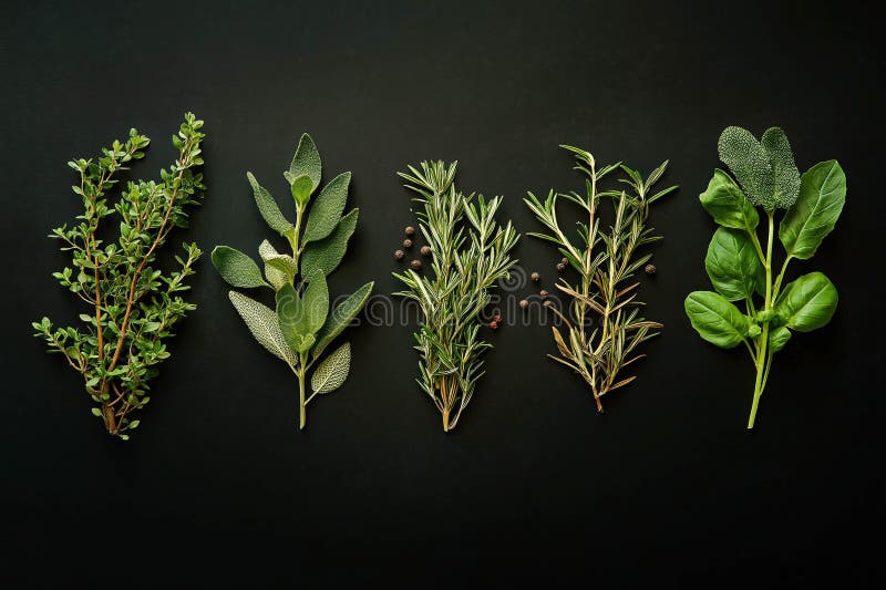 Selection of Spices Herbs and Greens on Black Top View Stock ...