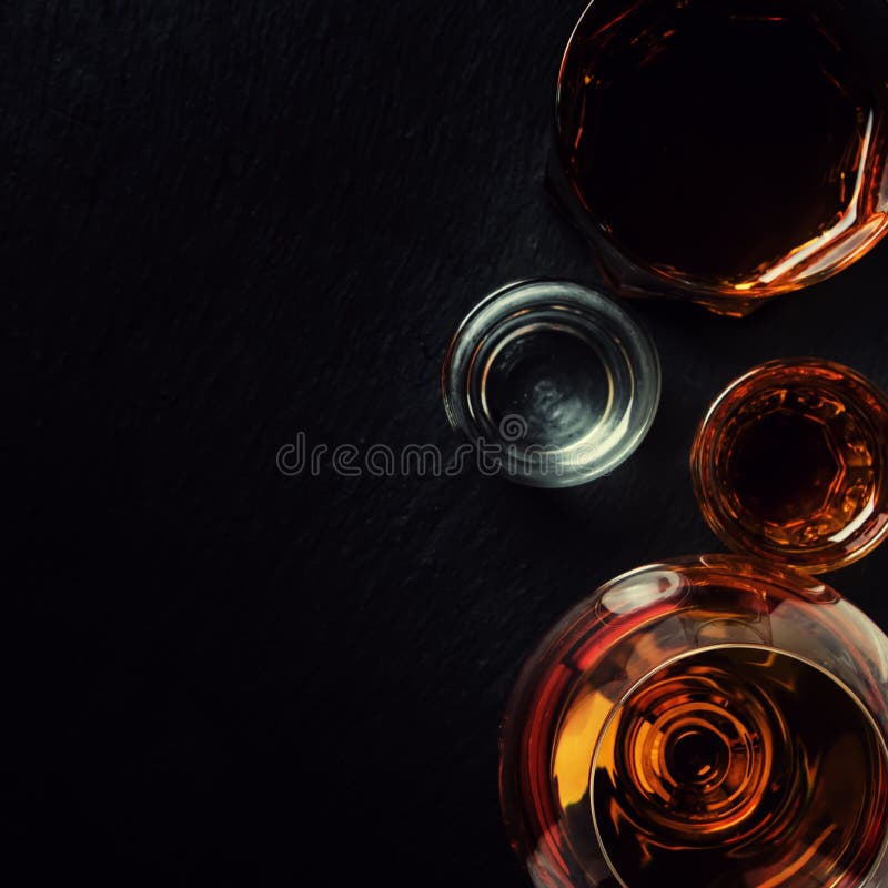 Selection of Strong Alcoholic Drinks in Glasses, Top View Stock Image ...
