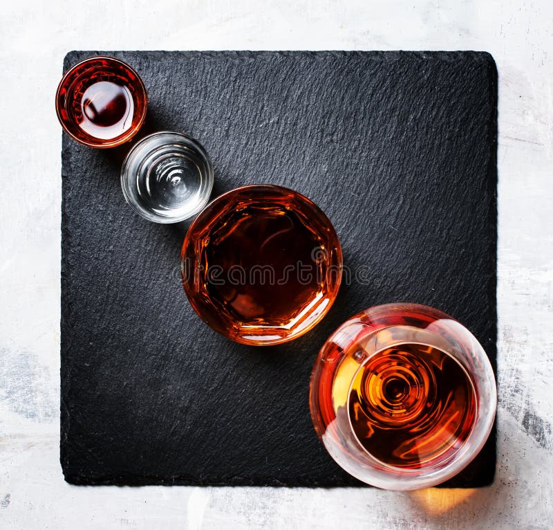 Selection of Strong Drinks in Glasses, Top View Stock Photo - Image of ...
