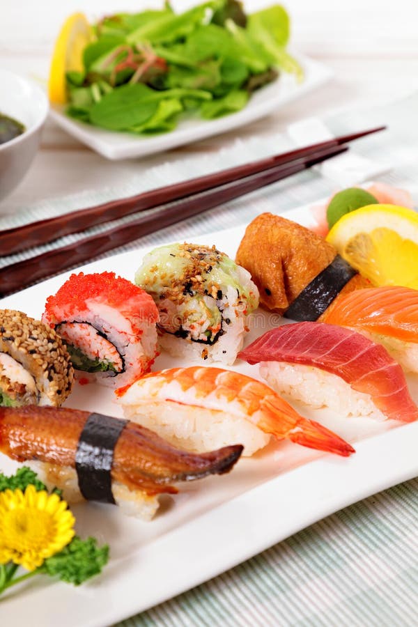 Selection of Sushi Plate with Chopsticks Stock Image - Image of setting ...