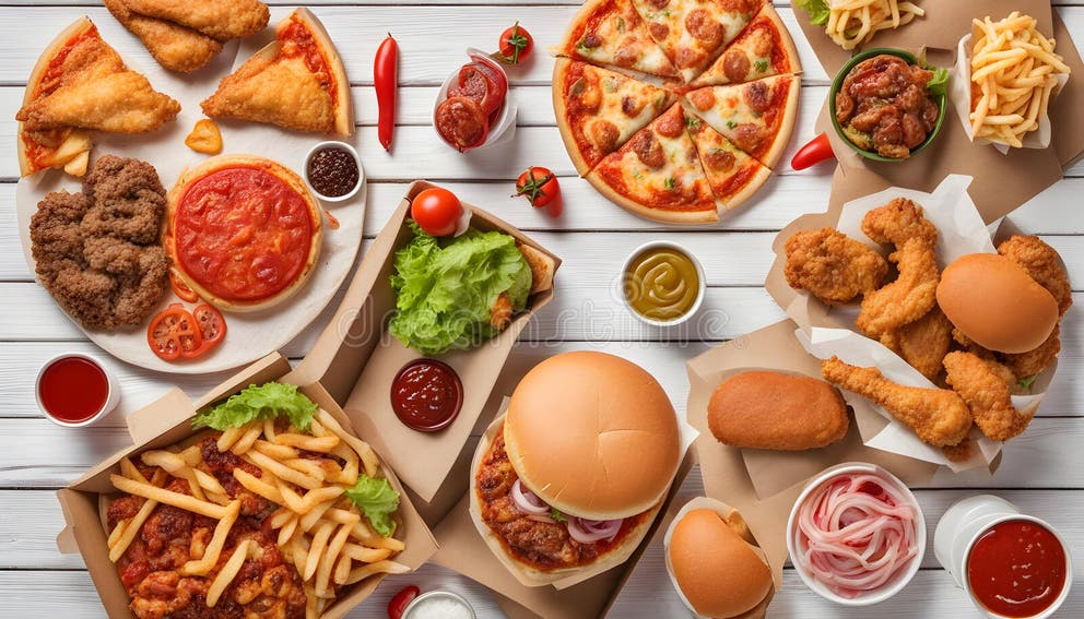 Selection of Take Out and Fast Foods. Corner Border Banner Stock ...