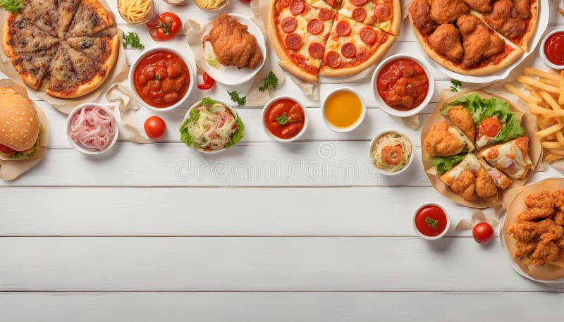 Selection of Take Out and Fast Foods. Corner Border Banner Stock ...