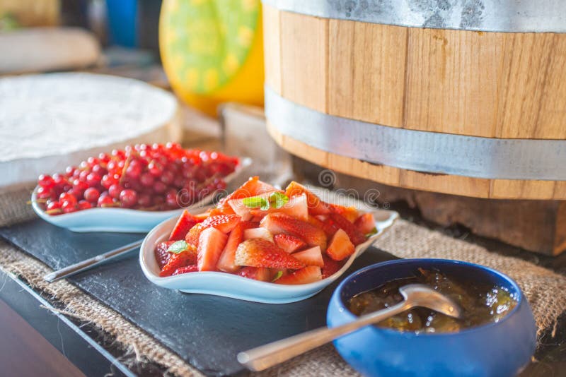 Selection of Tasty Fresh Berries and Jam the Table in the Buffet Stock ...