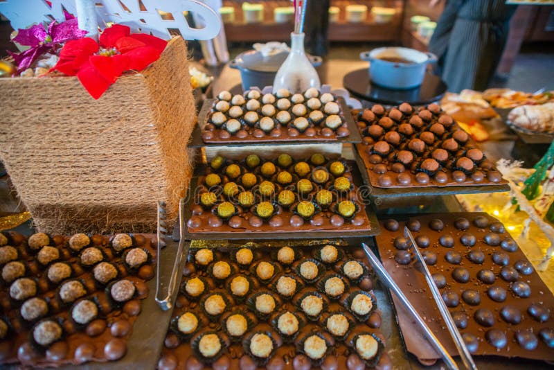 Selection of Tasty Sweet Chocolate Balls on the Table in the Buffet ...