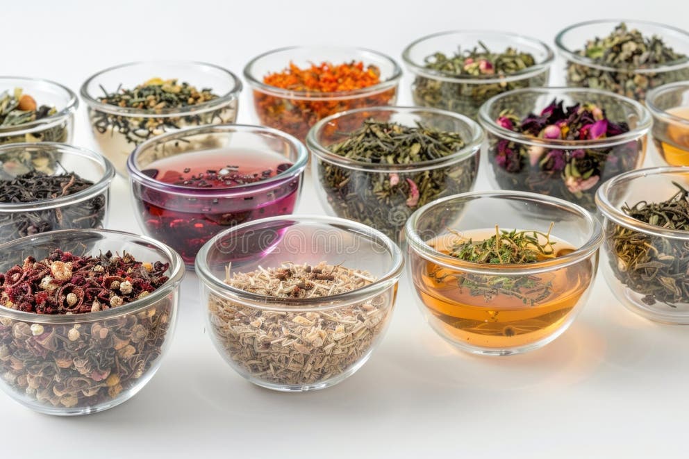 A Selection of Tea Bowls Filled with Various Teas Stock Photo - Image ...