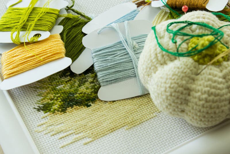 Selection of Threads for Embroidery and a Cushion for Needles. Stock ...