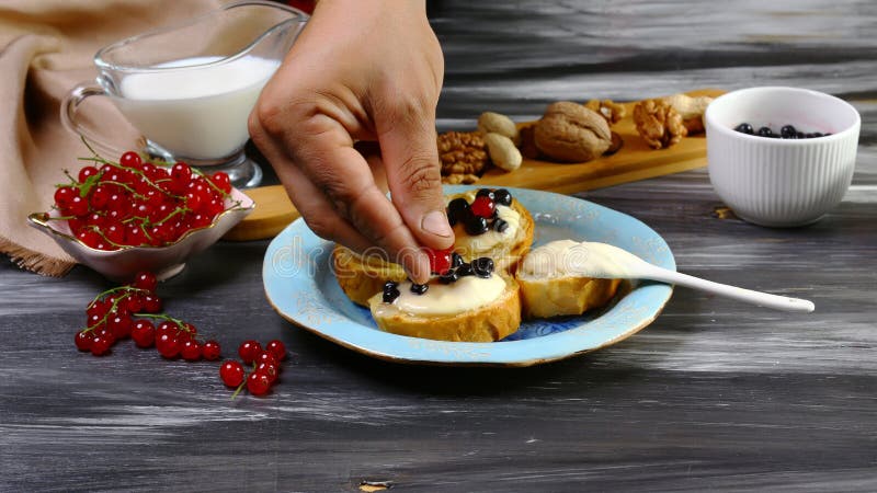Selection of Toasts with Cheese Peanut Butter and Berries. Cooking ...