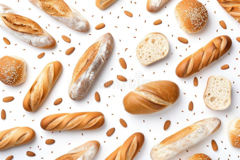 A Selection of Various Breads and Buns Arranged on a White Surface ...