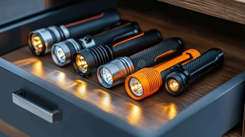 Selection of Various Flashlights Inside a Modern Wooden Drawer Stock ...