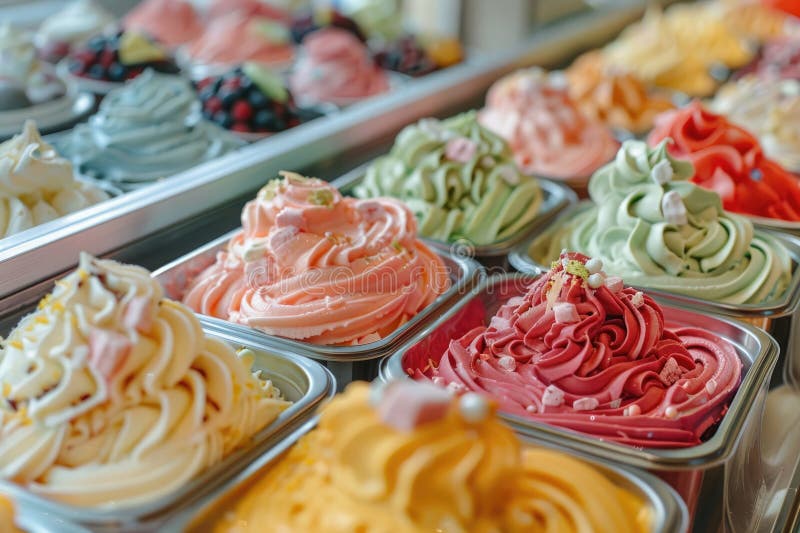 Selection of Various Flavored Ice Creams in a Display Case at a Shop ...