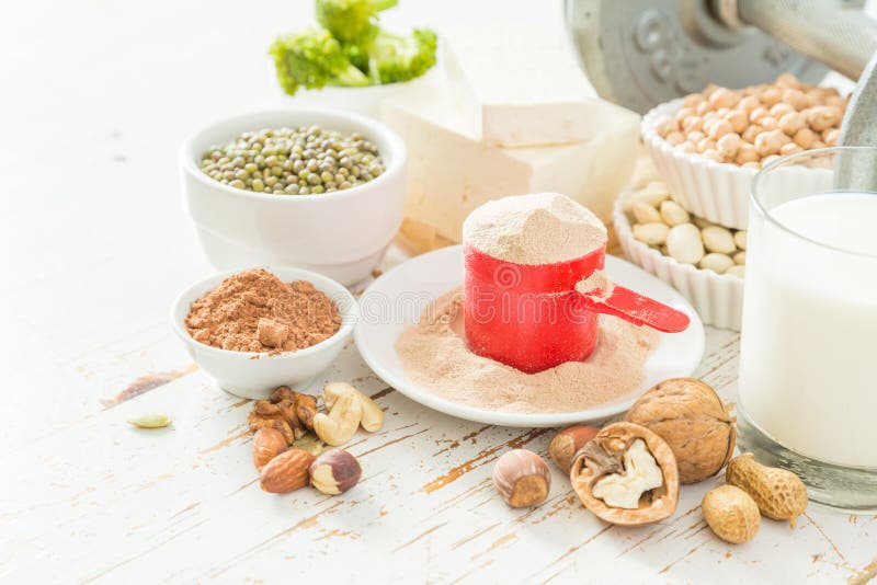 Selection of Protein Sources in Kitchen Background Stock Photo - Image ...