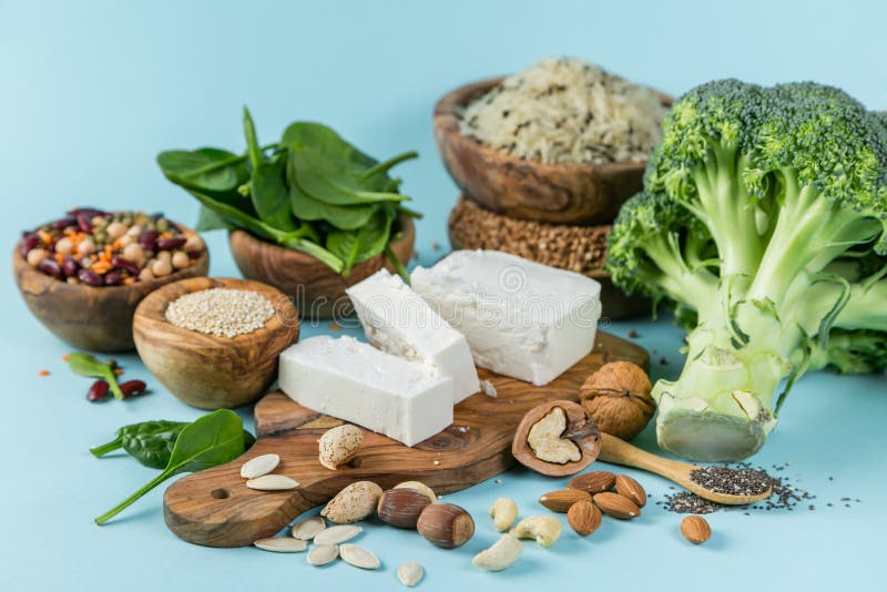 Selection of Protein Sources in Kitchen Background Stock Photo - Image ...