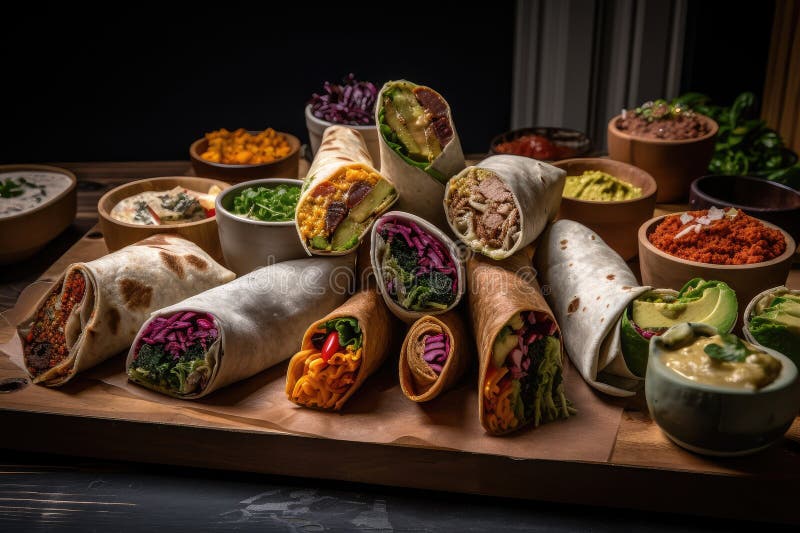 A Selection of Wraps, Filled with Fresh and Flavorful Ingredients Stock ...