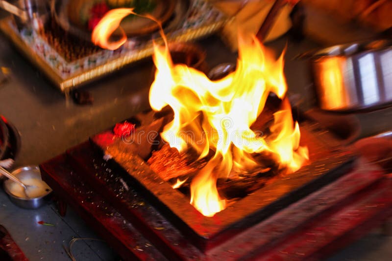 Selective Closeup Focus of the Burning Sacred Fire for Puja Stock Photo ...