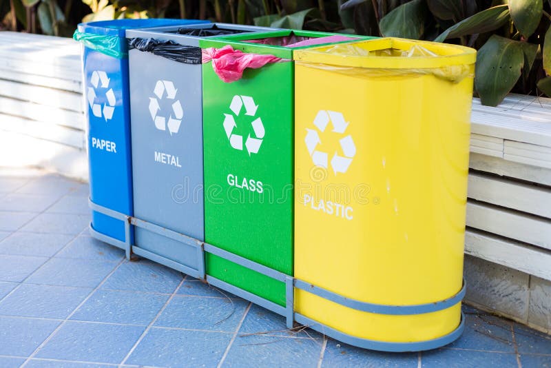 Selective Collection of Garbage Colored Containers. Yellow, Green, Blue ...
