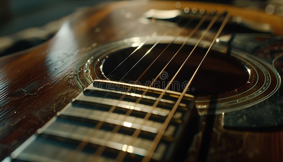 Selective Focus of Acoustic Six String Guitar Sound Hole and Pho Stock ...