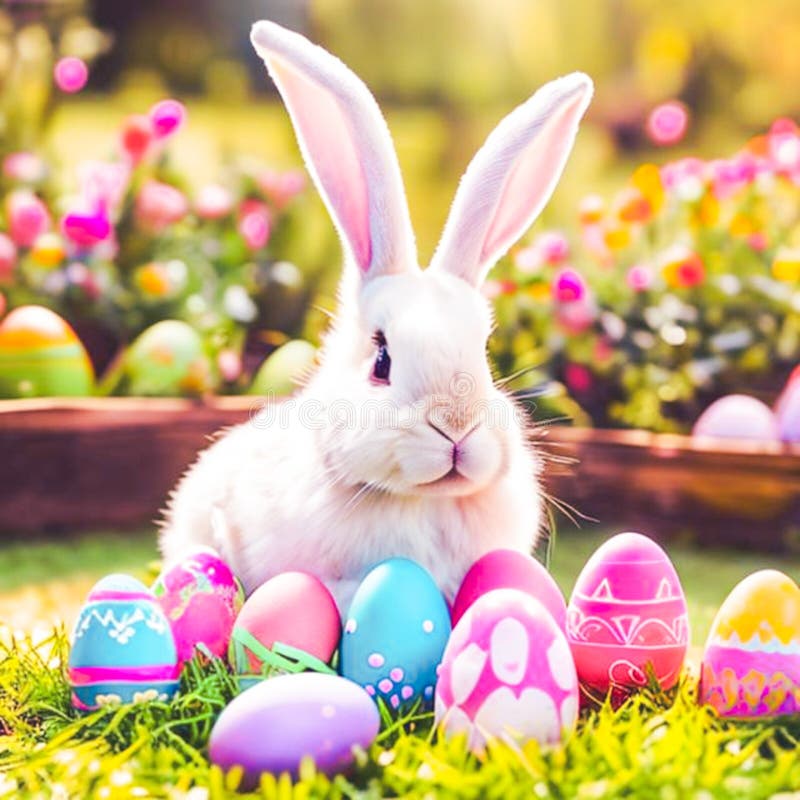 Selective Focus AI Generated Square View of White Rabbit with Colourful ...