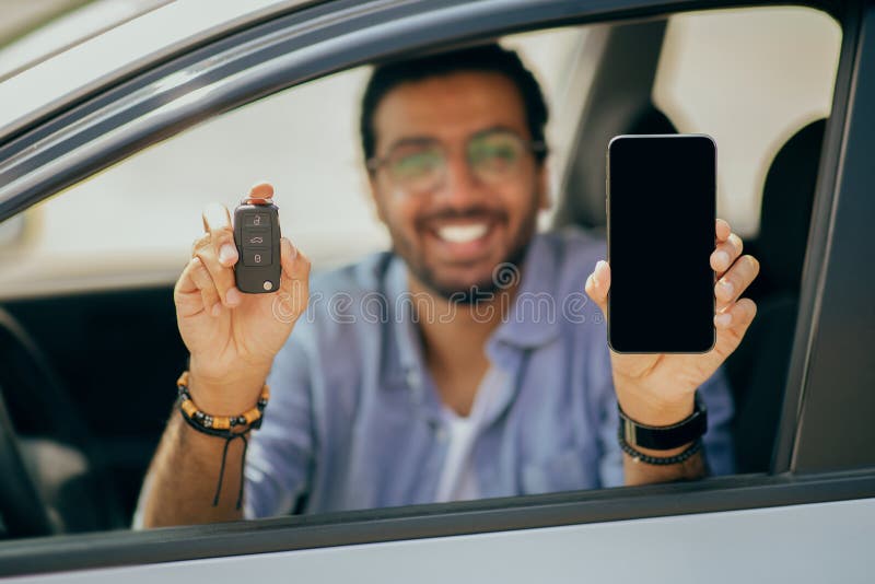 Auto Key and Smartphone with Empty Screen in Male Hands Stock Photo ...