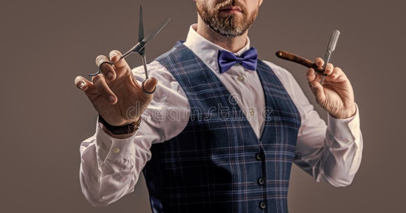 Selective Focus of Barber Man Show Scissors Isolated on Grey Background ...