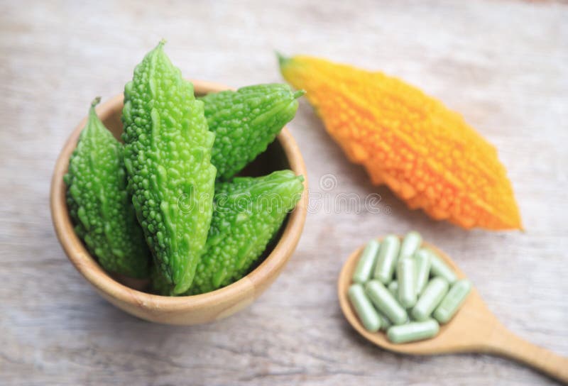 Selective Focus on Bitter Gourd with Blurred Capsules from it Stock ...