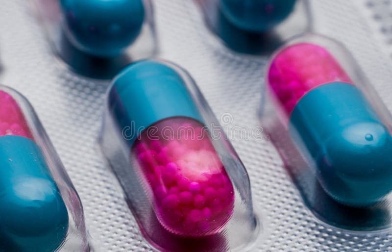 Selective Focus of Blue, Pink Capsule with Granule in Side Pills. Pills ...