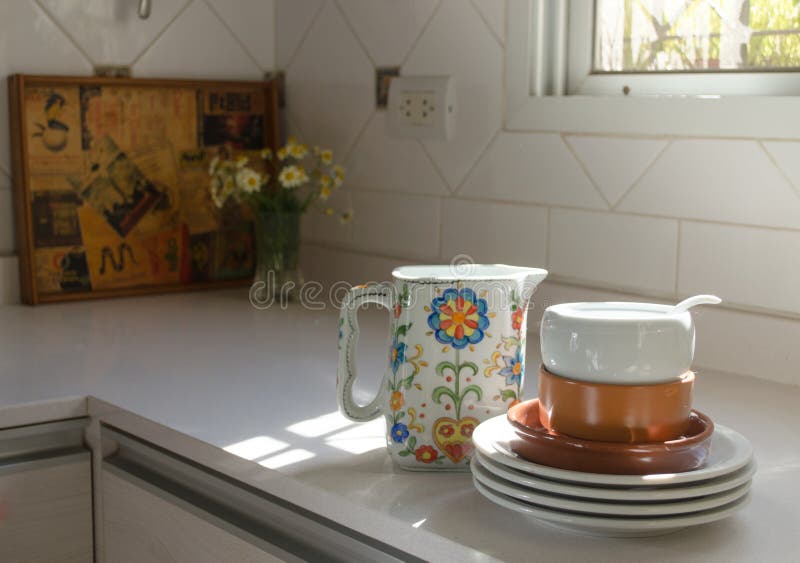 Selective Focus of Clean Ceramic Dishware Stacked on Modern Kitchen ...