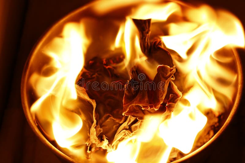 Selective Focus Closeup of the Burning Paper Inside a Bowl Stock Image ...