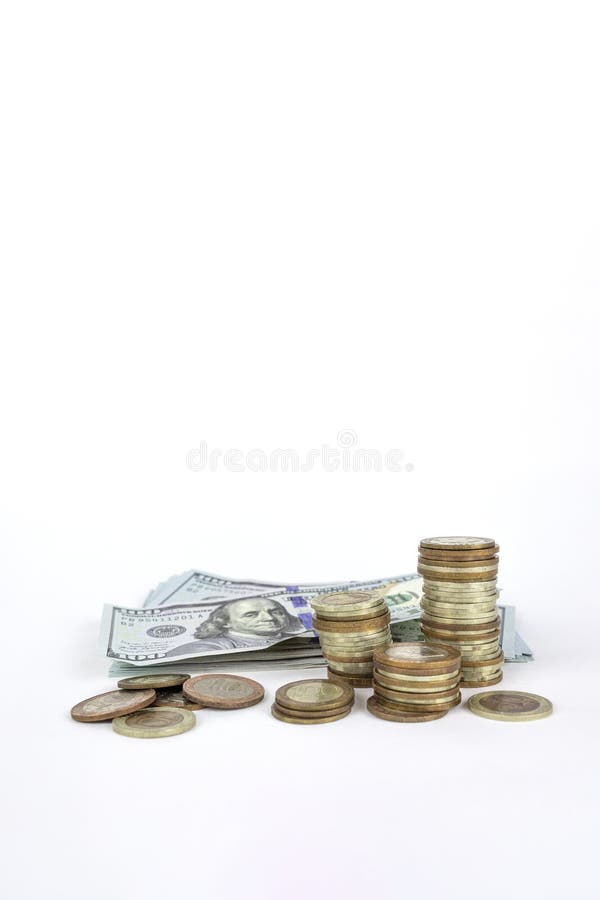 Selective Focus of Coins Stacks on Dollars Banknotes on White ...