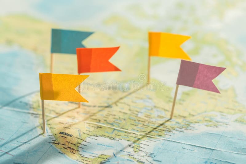 Selective Focus of Colorful Flags and Strings on World Map. Stock Photo ...