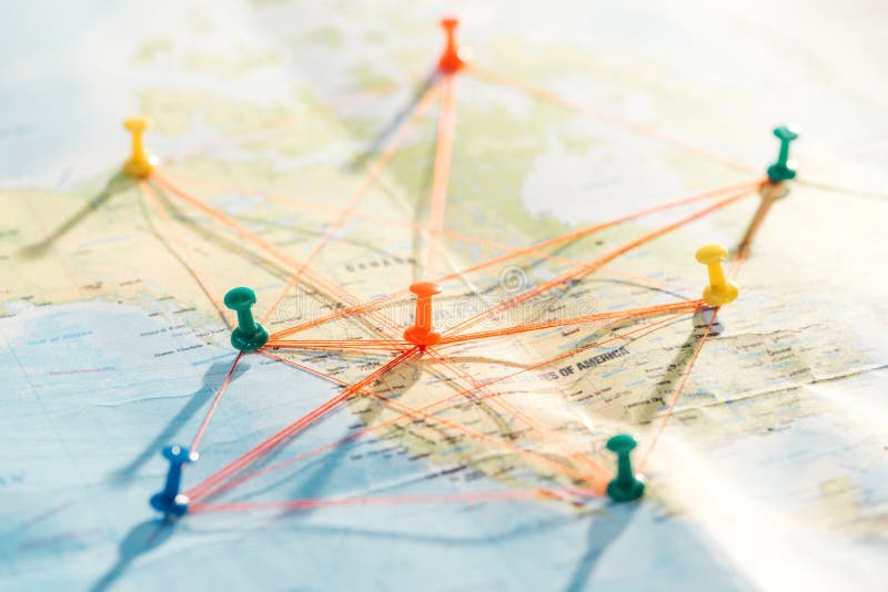Selective Focus of Colorful Push Pins and Strings on World Map. Stock ...