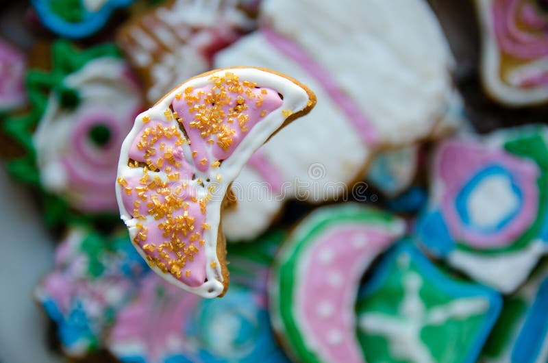 Selective Focus of a Colorful Sugar Cookie in the Shape of a Half Moon ...