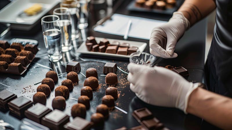 Selective Focus of Confectioner in Gloves Making Chocolate Candies ...