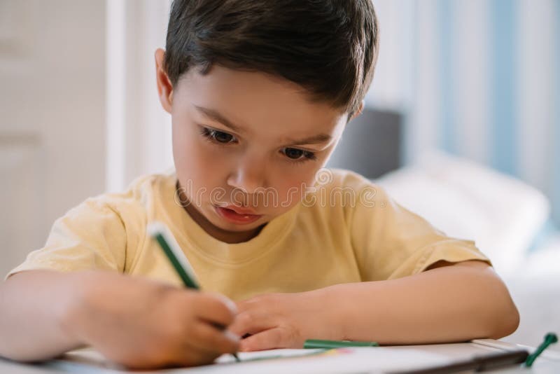 Selective Focus of Cute, Focused Boy Stock Image - Image of draw, home ...