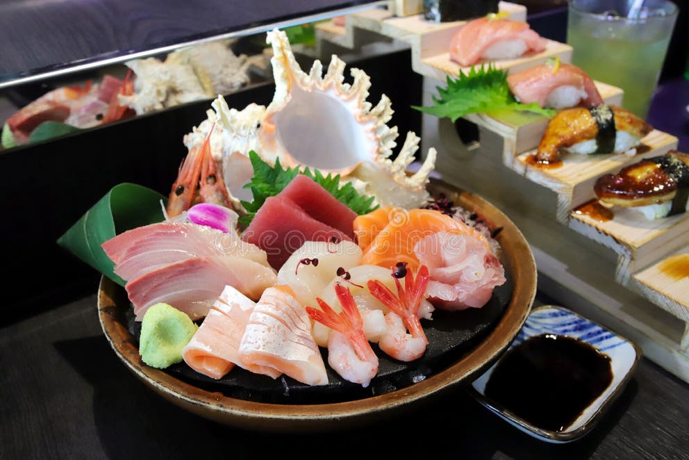 Selective Focus Decorated Sashimi Set in a Bowl with Ice Stock Photo ...