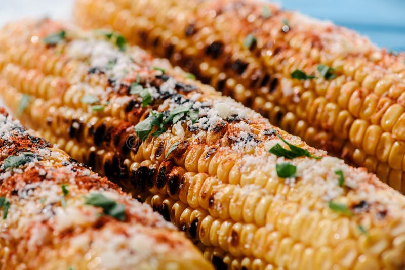 Selective Focus of Delicious Grilled Corn with Salt Parsley and Chili ...