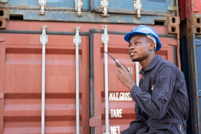 Selective Focus at Face of Black African Logistic Worker Wearing Safety ...