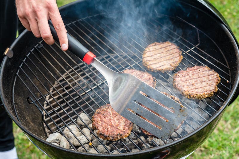 Selective Focus of Fresh Delicious Burger Cutlets Grilling on Bbq Grill ...