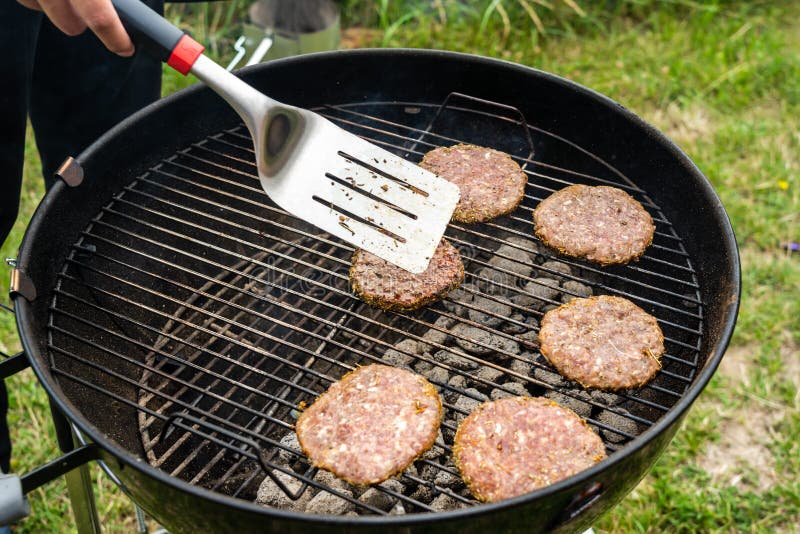 Selective Focus of Fresh Delicious Burger Cutlets Grilling on Bbq Grill ...