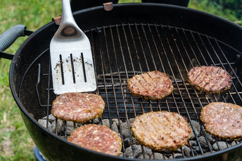 Selective Focus of Fresh Delicious Burger Cutlets Grilling on Bbq Grill ...